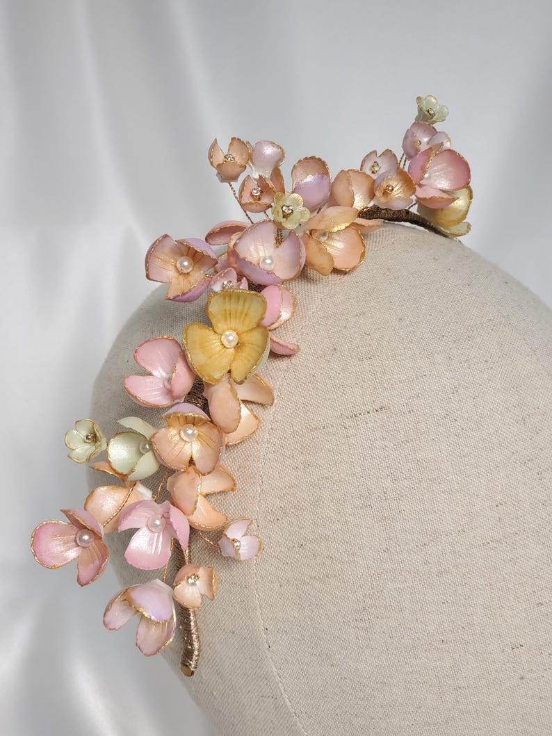 Pastel Asymmetric Hand Sculpted Floral Crown With Pearl Beads and ...