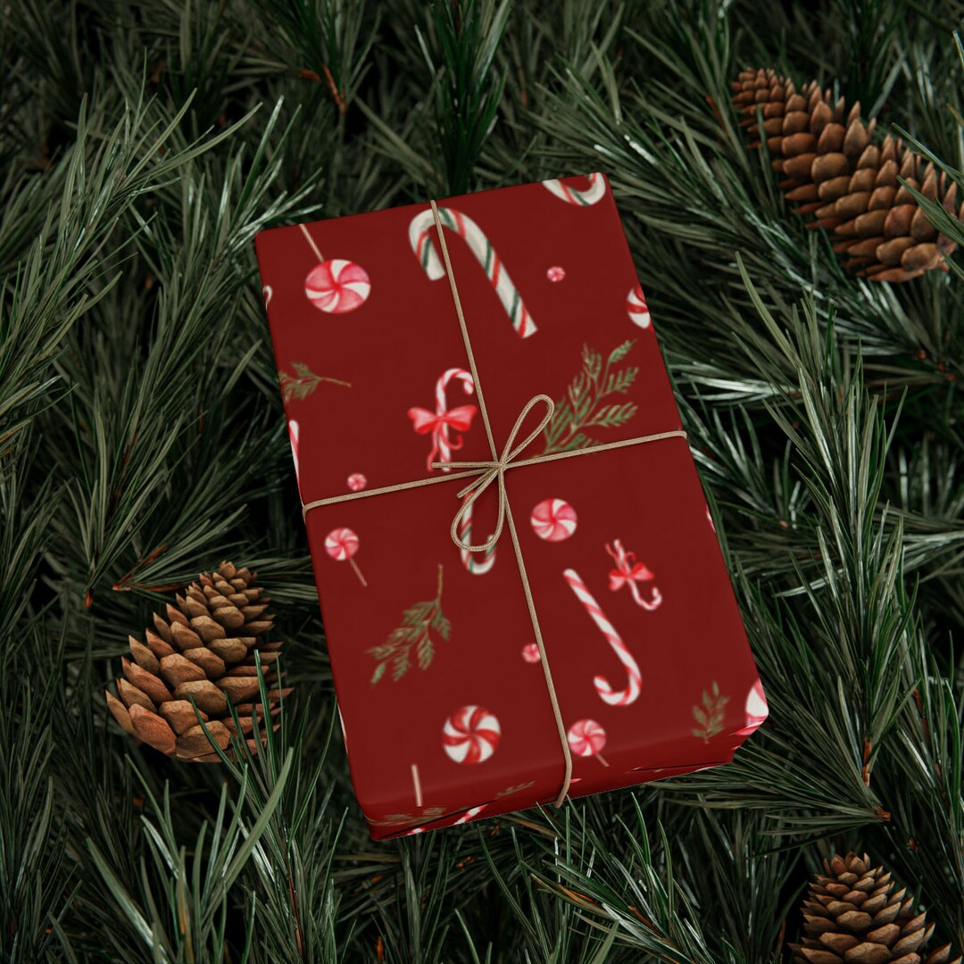 Red Candy Cane Peppermint Christmas Tree Wrapping Paper, Christmas ...