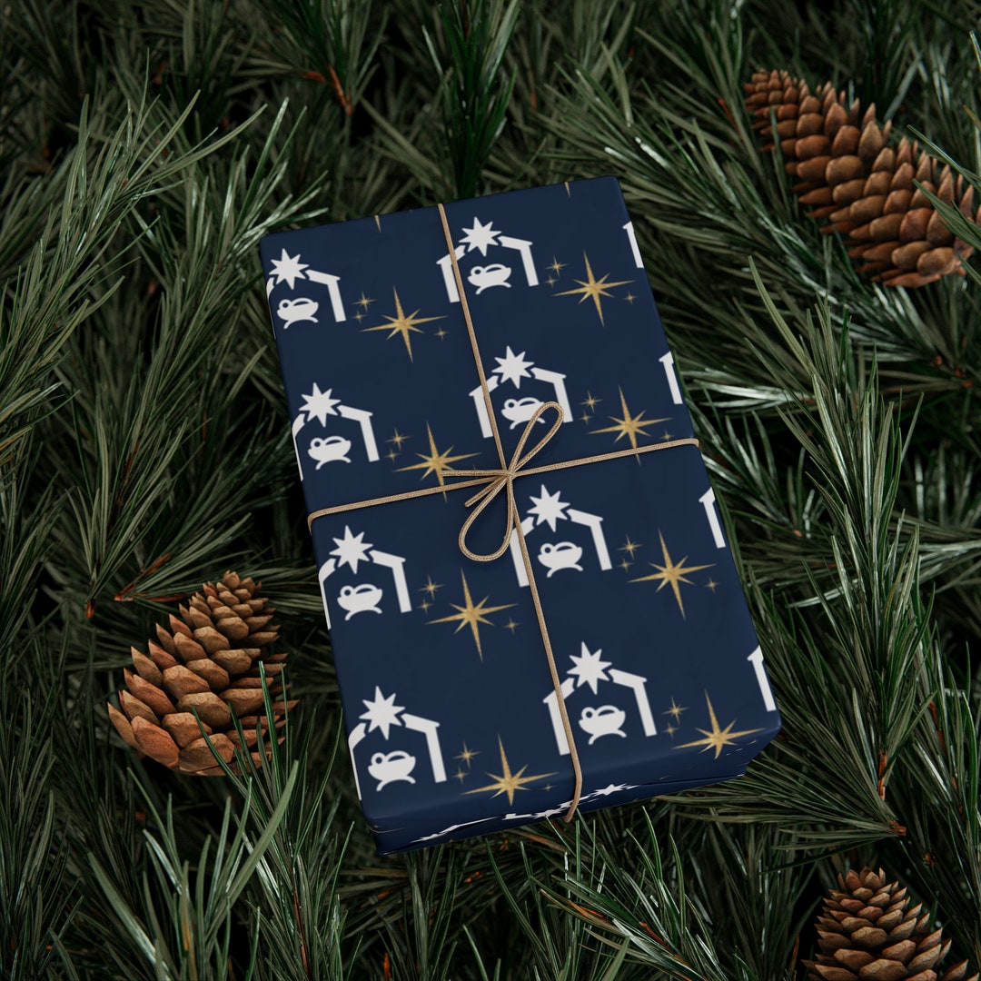 Nativity Star Blue and Gold Christian Christmas Wrapping Paper ...