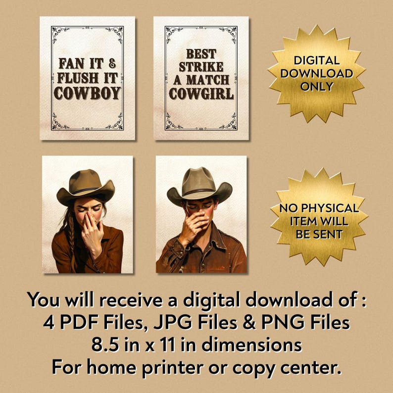 Funny Bathroom Wall Art Cowboy & Cowgirl Holding Nose Western Bathroom ...