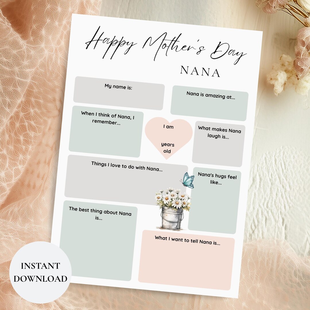 Mother's Day Nana Gift Questionnaire Printable | Kids Interview Sheet | Nana Memory Keepsake ...