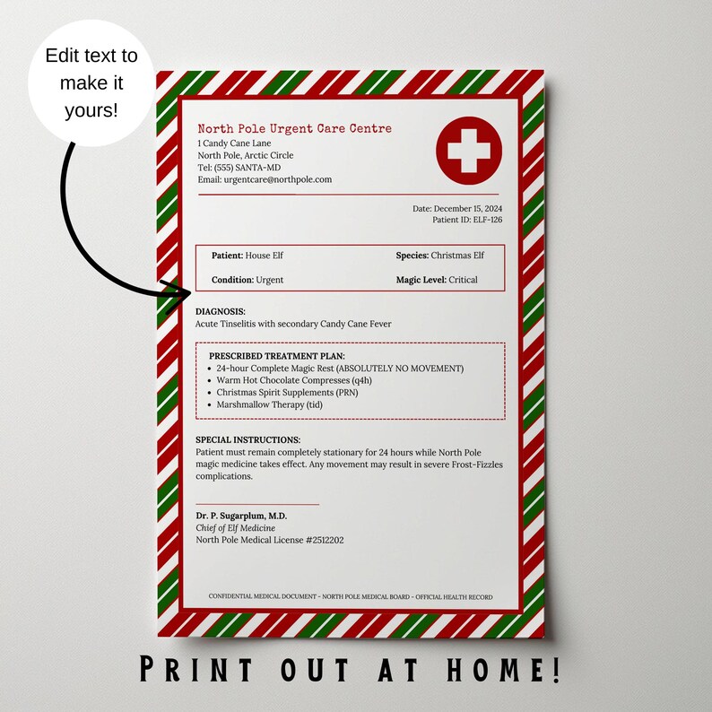 Elf Doctor Note Printable | Elf Sick Day | Emergency Elf Excuse Letter ...