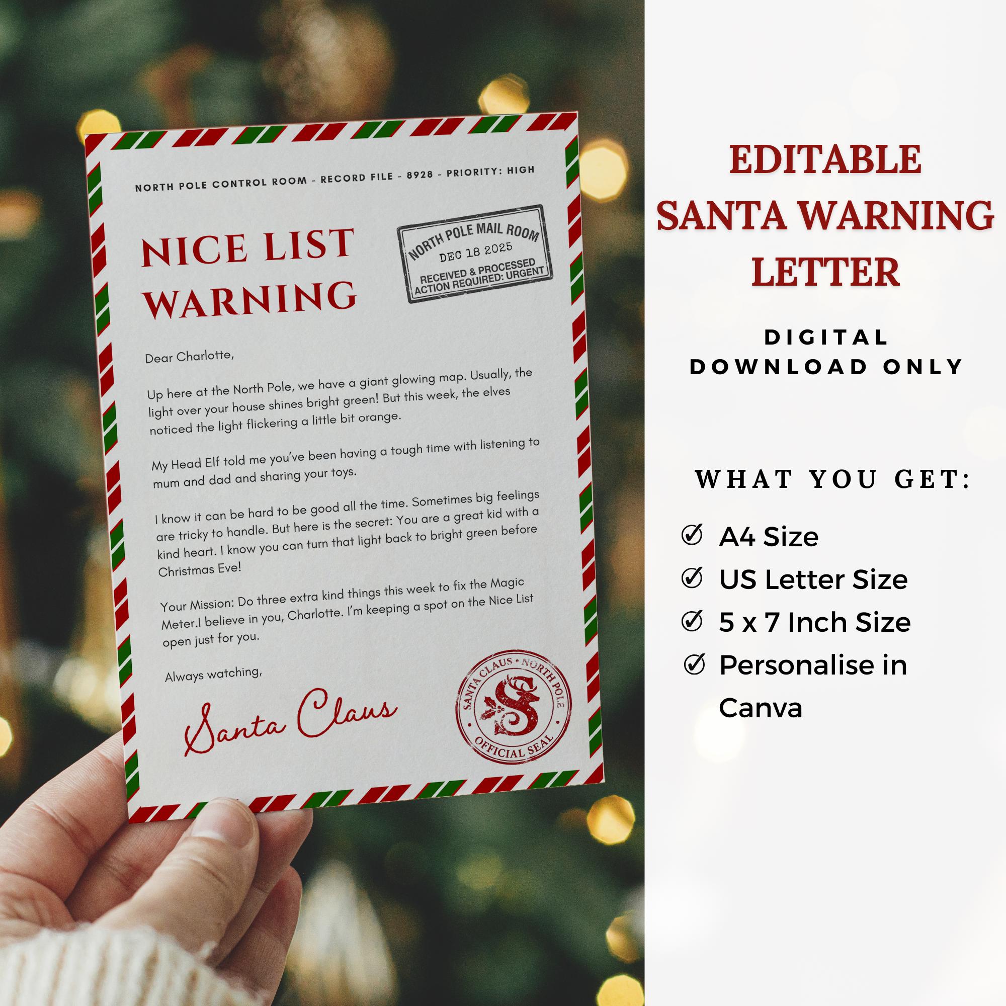 Editable Santa Warning Letter Printable | Official North Pole Mail ...