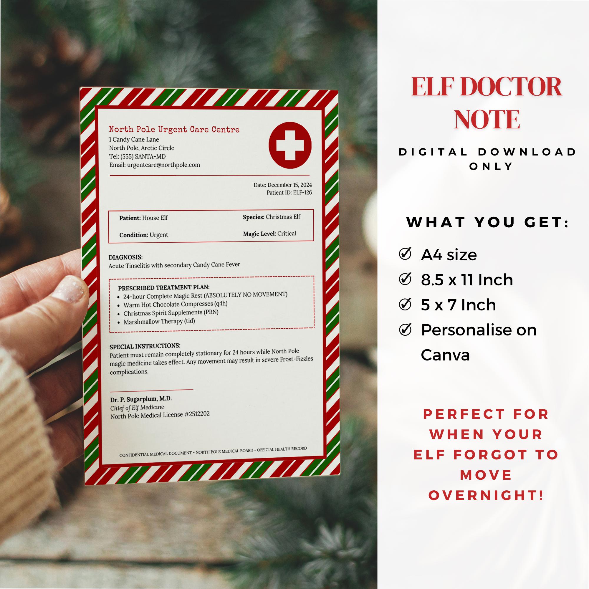 Elf Doctor Note Printable | Elf Sick Day | Emergency Elf Excuse Letter ...