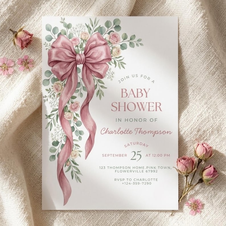 Pink Bow Baby Shower Invitation, Coquette Baby Girl Invite, Editable ...