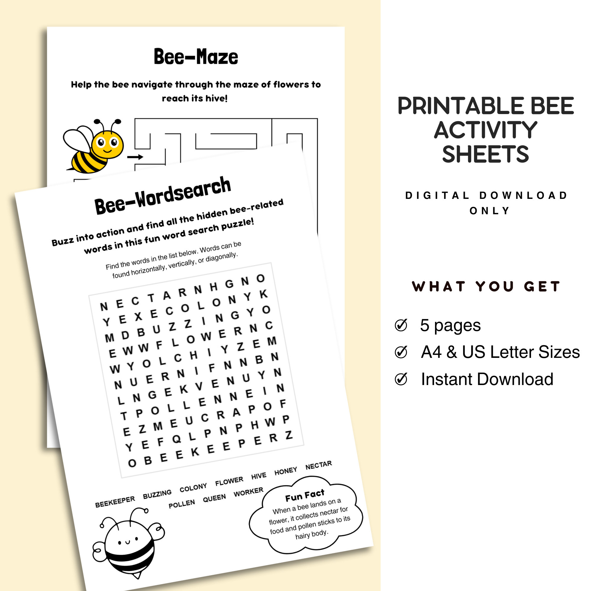 Kids Bee Activity Printable Sheets, Educational Bee-themed Worksheets ...