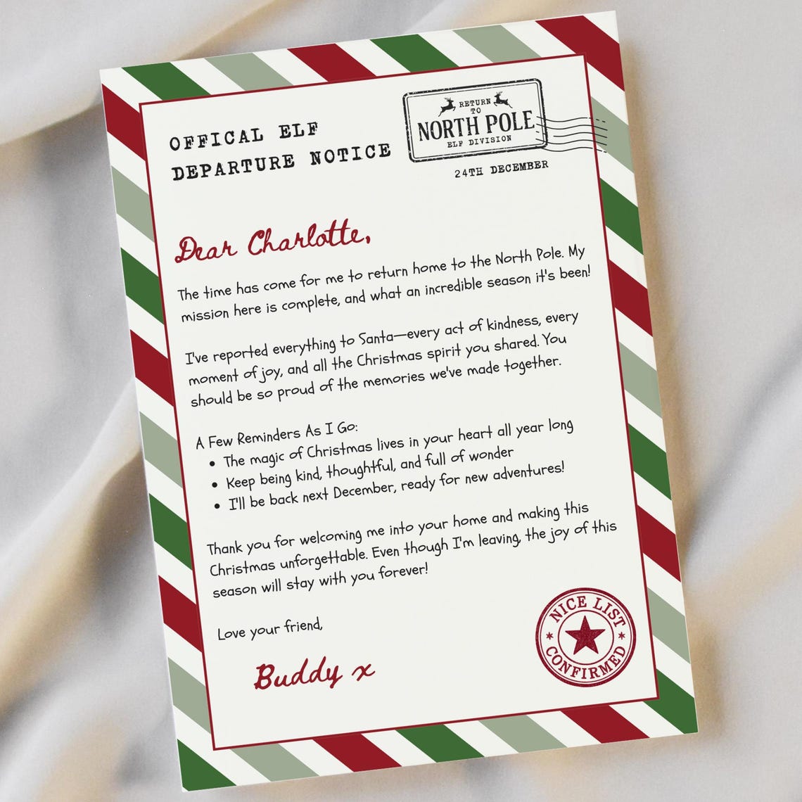 Editable Elf Goodbye Letter Christmas Eve | Festive Elf Departure ...