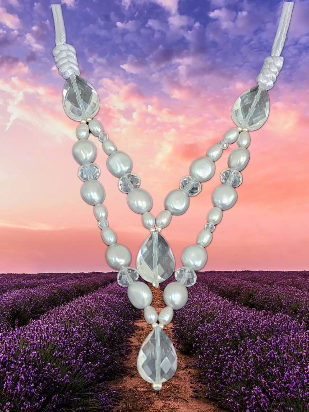 Real Cultured Pearl Glass Crystal Double Stranded Necklace and Earring ...