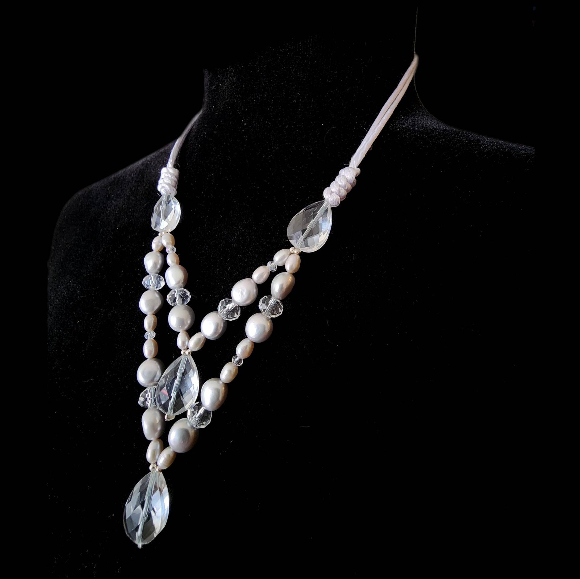 Real Cultured Pearl Glass Crystal Double Stranded Necklace and Earring ...