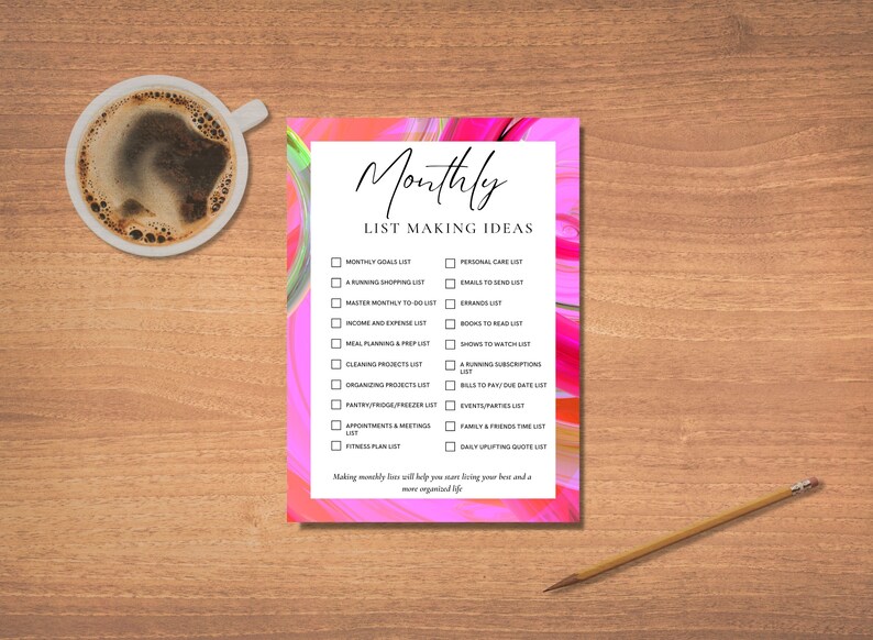 Printable Monthly List Making Ideas List, PDF Planner, Instant Download ...