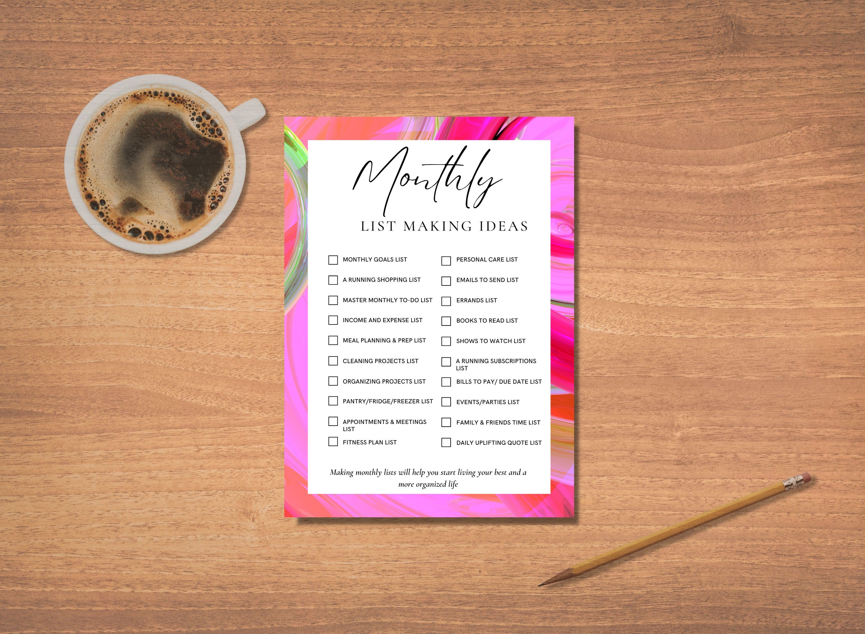Printable Monthly List Making Ideas List, PDF Planner, Instant Download ...