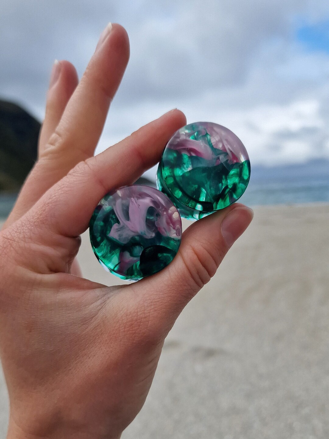 Green & Pink Swirl Epoxy Resin Ear Plugs – Handmade Gauges 8–100mm ...