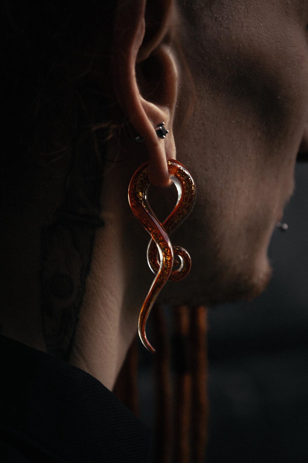 Glass Spiral Ear Weights – Red Amber Glitter Hooks – Handmade Glass ...