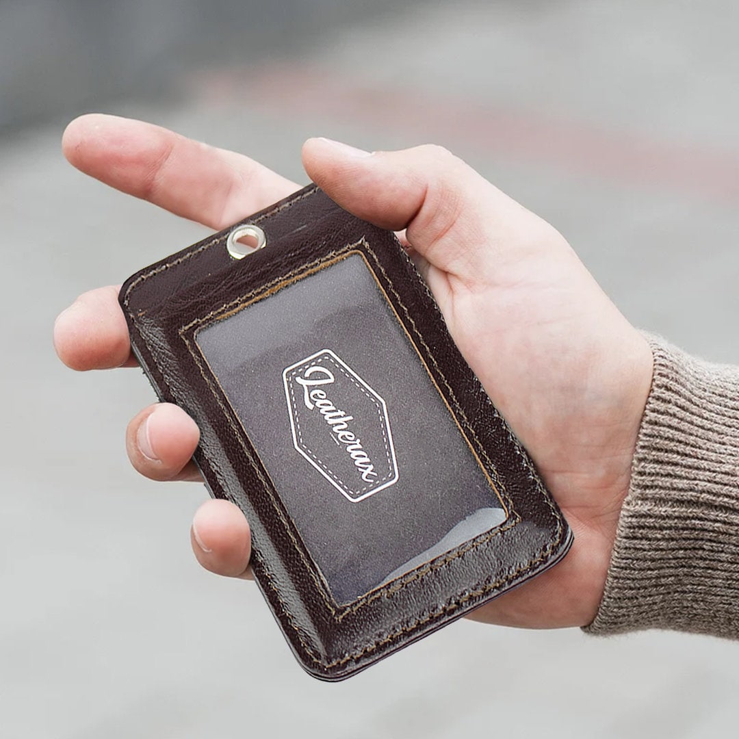 Leather ID Card Holder With Strap Personalized Neck Photo Badge Holder ...