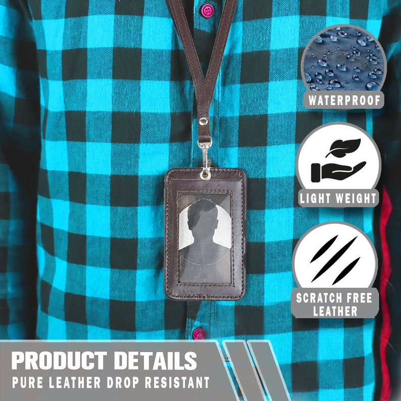 Leather ID Card Holder With Strap | Personalized Neck Photo Badge ...