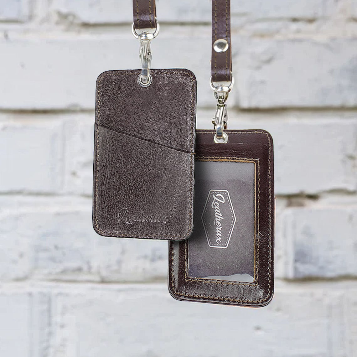 Leather ID Card Holder With Strap Personalized Neck Photo Badge Holder ...