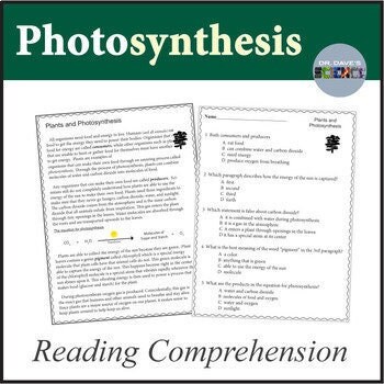 Photosynthesis Reading Comprehension - Etsy