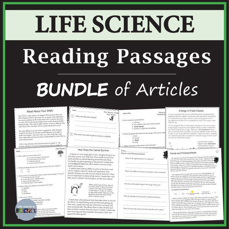 Science Reading Comprehension Passages and Questions Life Science ...