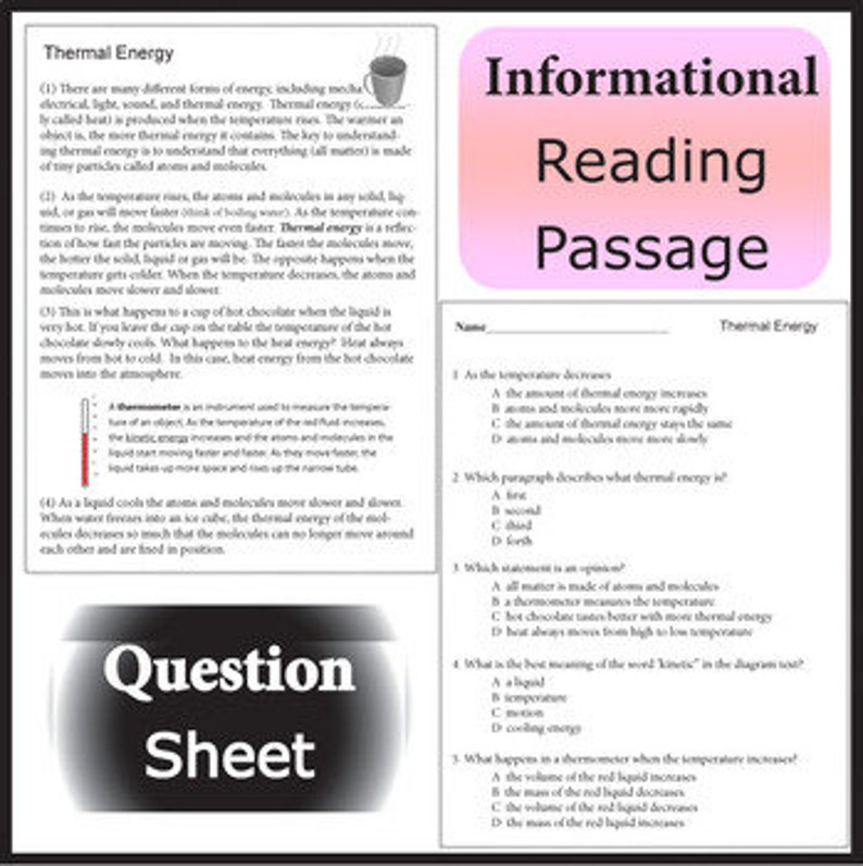Thermal Energy Reading Comprehension Passage and Questions - Etsy