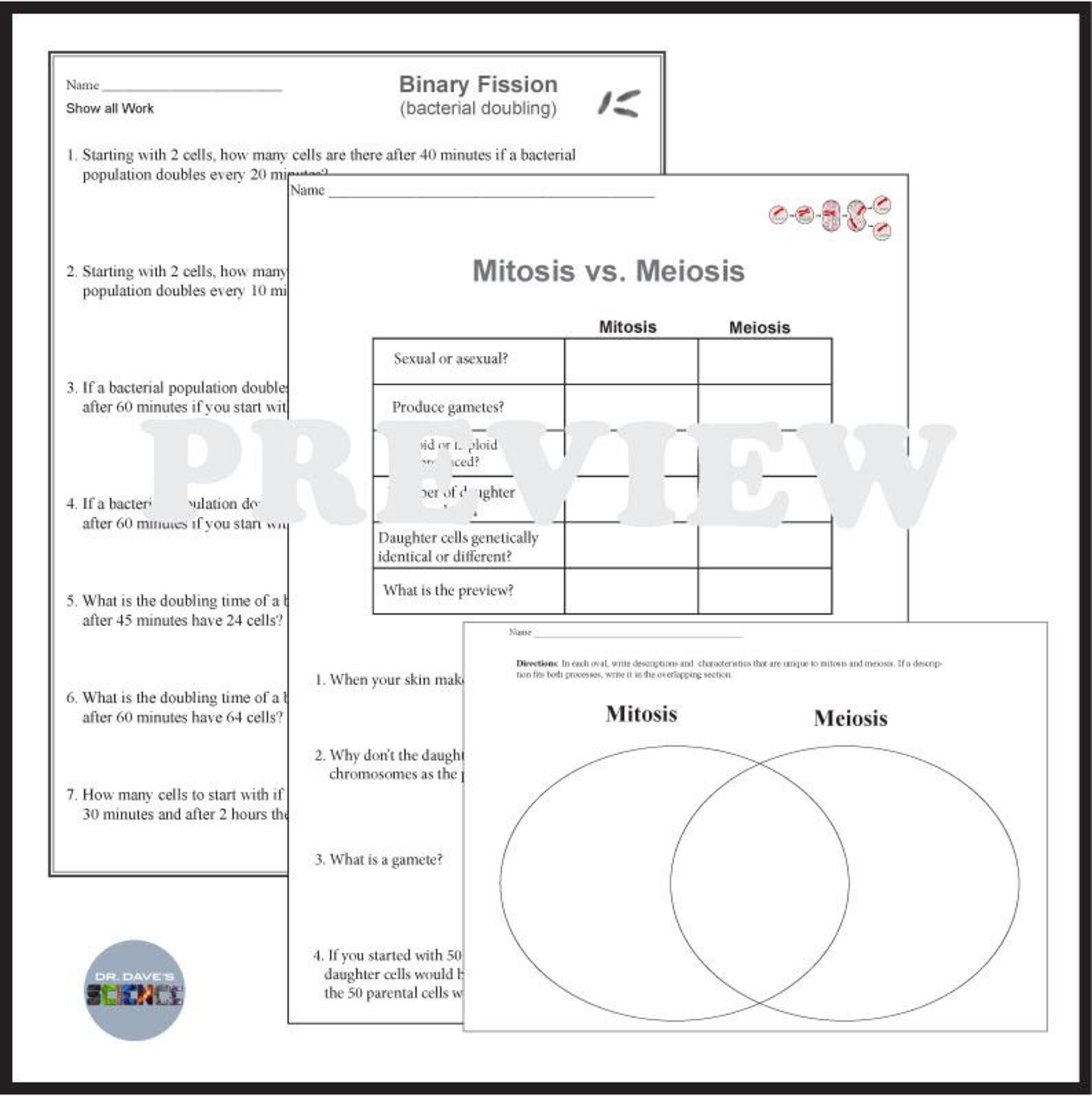 Mitosis and Meiosis Worksheets Bacterial Fission Doubling Activity ...