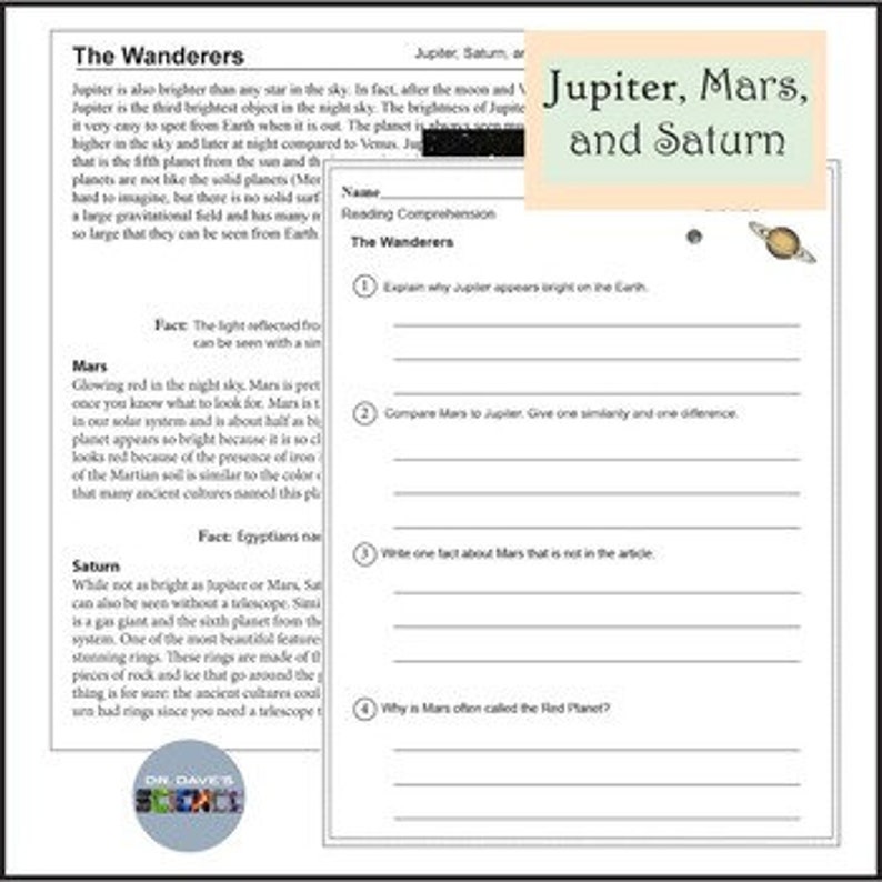 Planets and the Solar System Reading Comprehension Passage and - Etsy