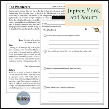Planets and the Solar System Reading Comprehension Passage and - Etsy
