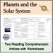 Planets and the Solar System Reading Comprehension Passage and ...