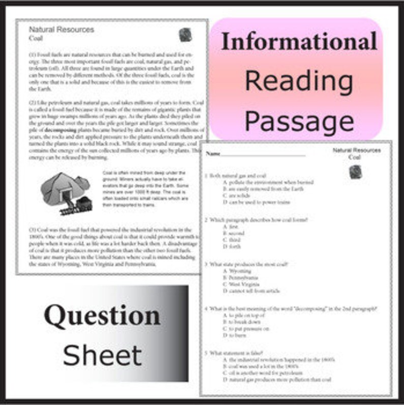 Natural Resources Coal Reading Comprehension Passage and Questions - Etsy