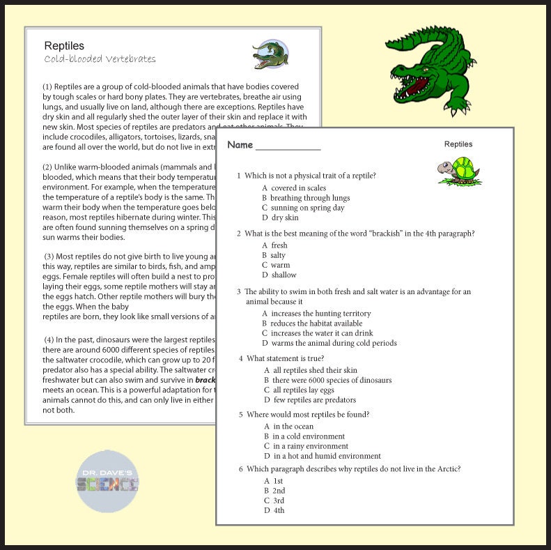 Reptiles Reading Comprehension, Graphs and Tables, Activities ...