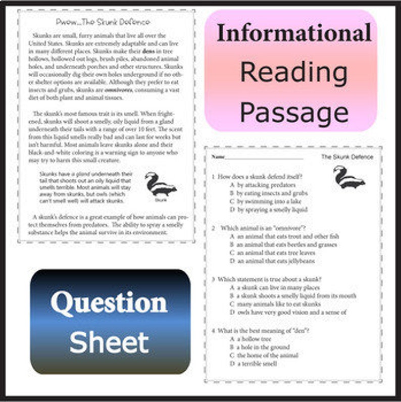 Animal Adaptations Skunk Science Reading Comprehension Passage - Etsy