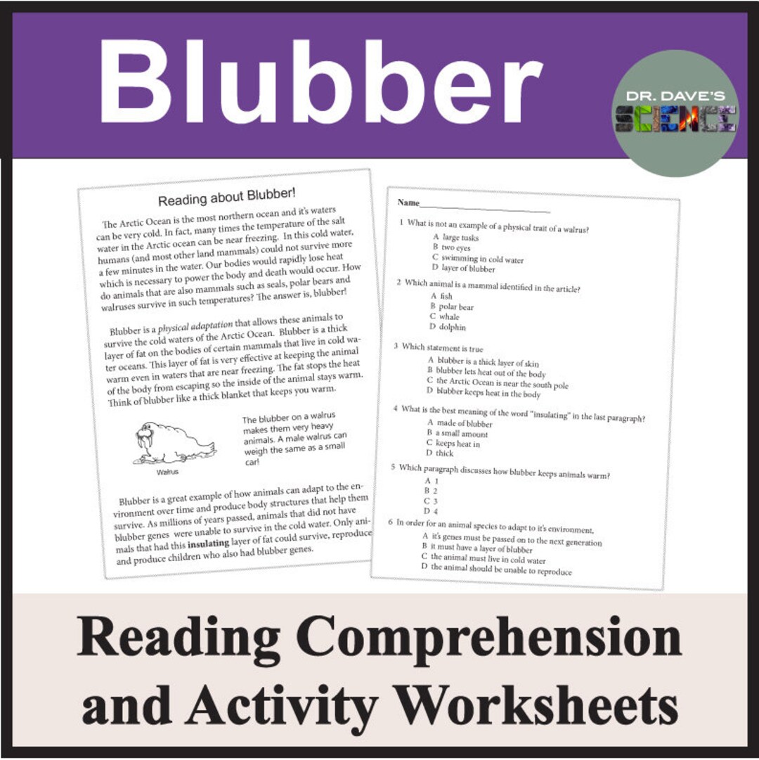 Blubber Experiment Reading Comprehension Arctic Animal Adaptations - Etsy