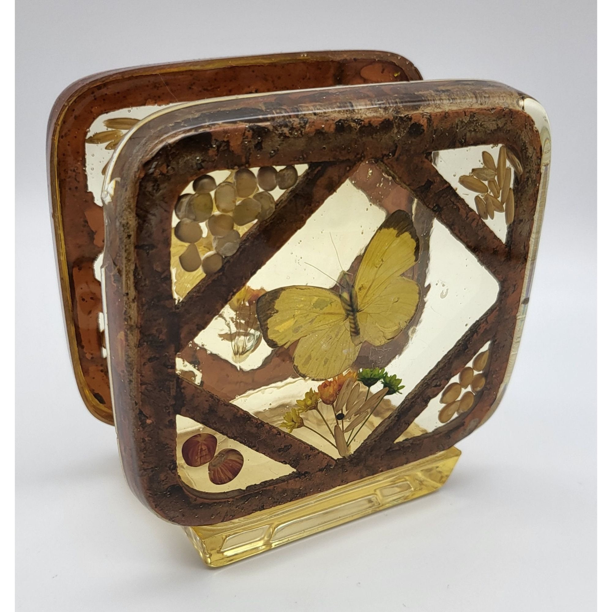 Vintage 1970's Lucite Preserved Butterly and Grain Set Napkin Holder 7. ...