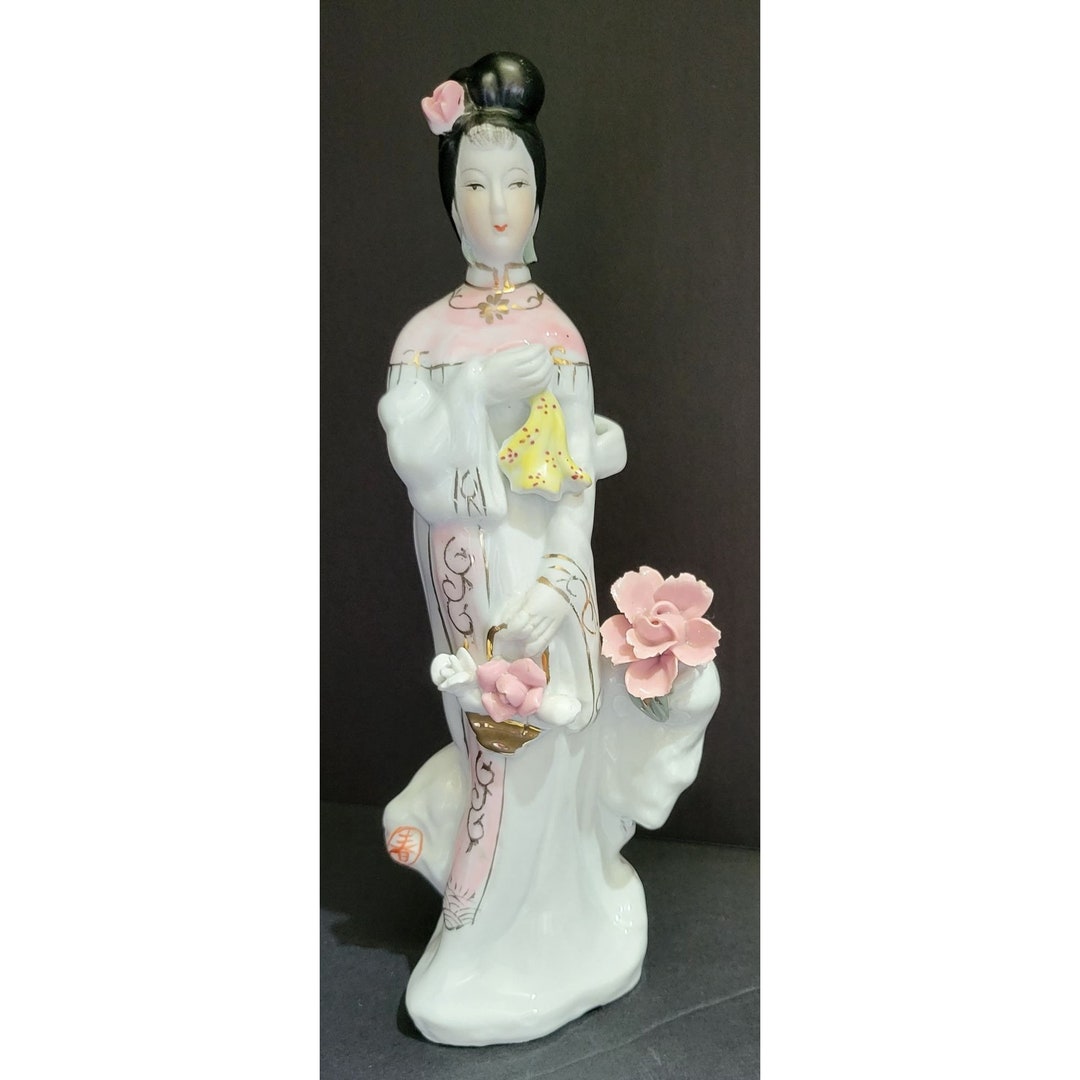 Vintage Porcelain Japanese Geisha Girl Figurine Applied Pink Flowers ...