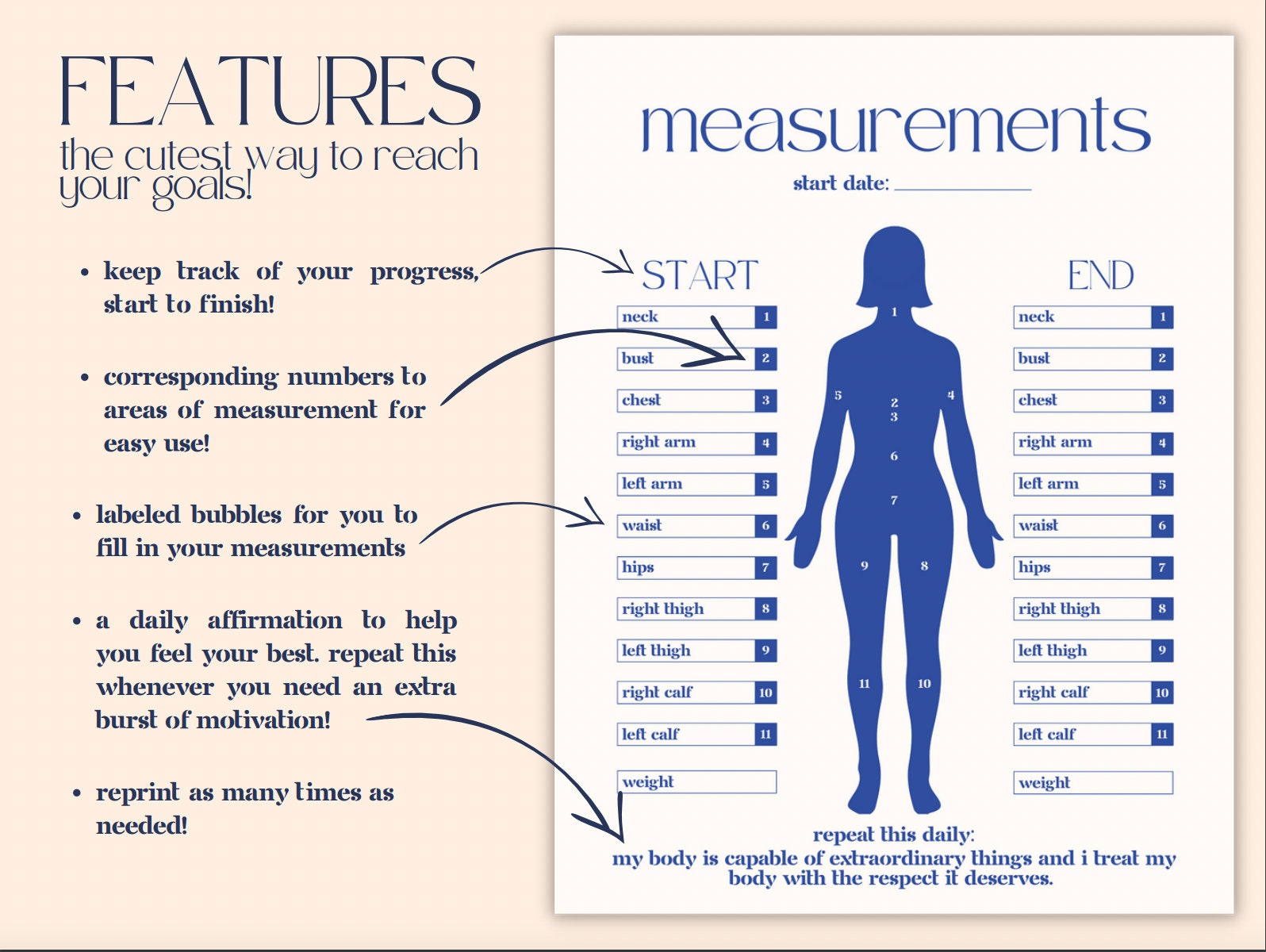 Measurement Log Digital Body Measurement Tracker Printable - Etsy