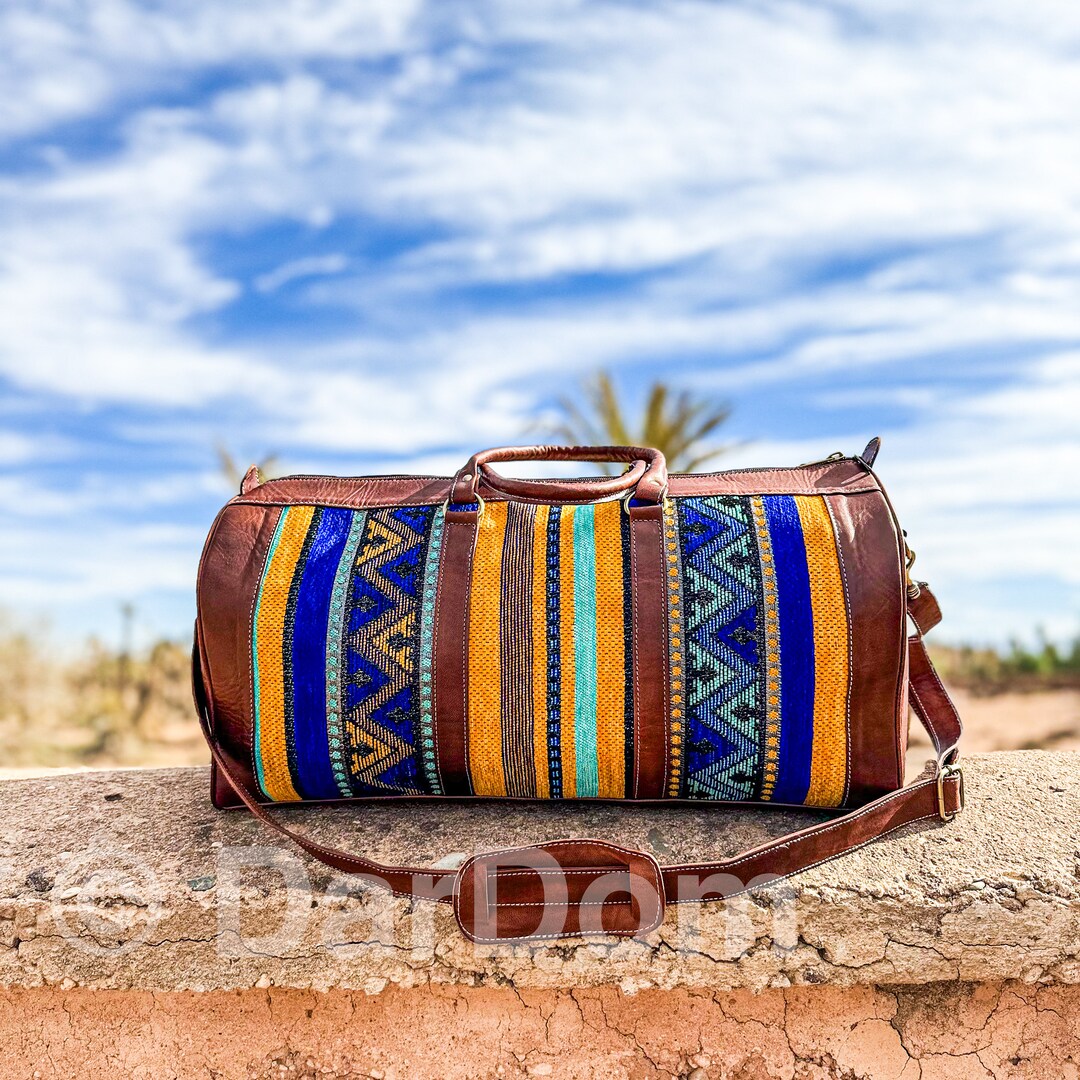 Handmade Moroccan Leather Duffle Bag: Berber Fabric Travel Weekender - Etsy