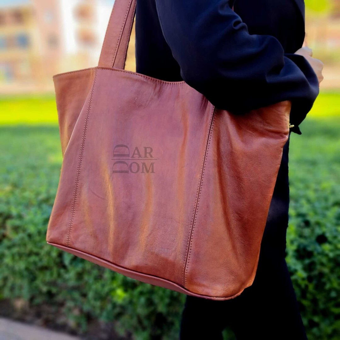 Handmade Goat Leather Tote Bag: Large Brown Zipper Bag - Etsy