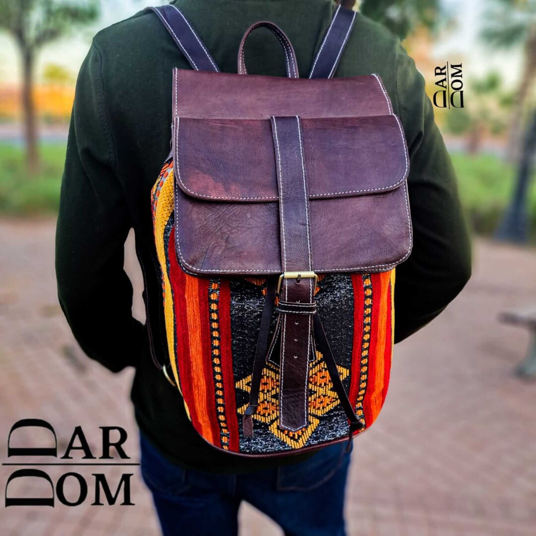 Kilim Leather Backpack: Handmade Moroccan Vintage Style - Etsy