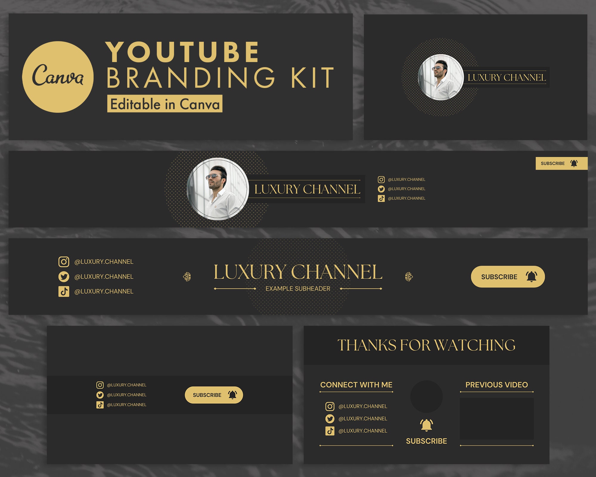 Youtube Branding Kit, Black and Gold Luxury Youtube Branding, Editable ...
