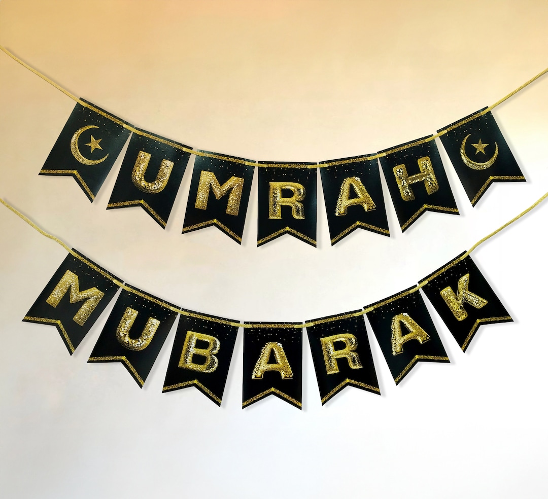 Umrah Mubarak Banner, Umrah Bunting With Gold Letters, Omra Banner ...