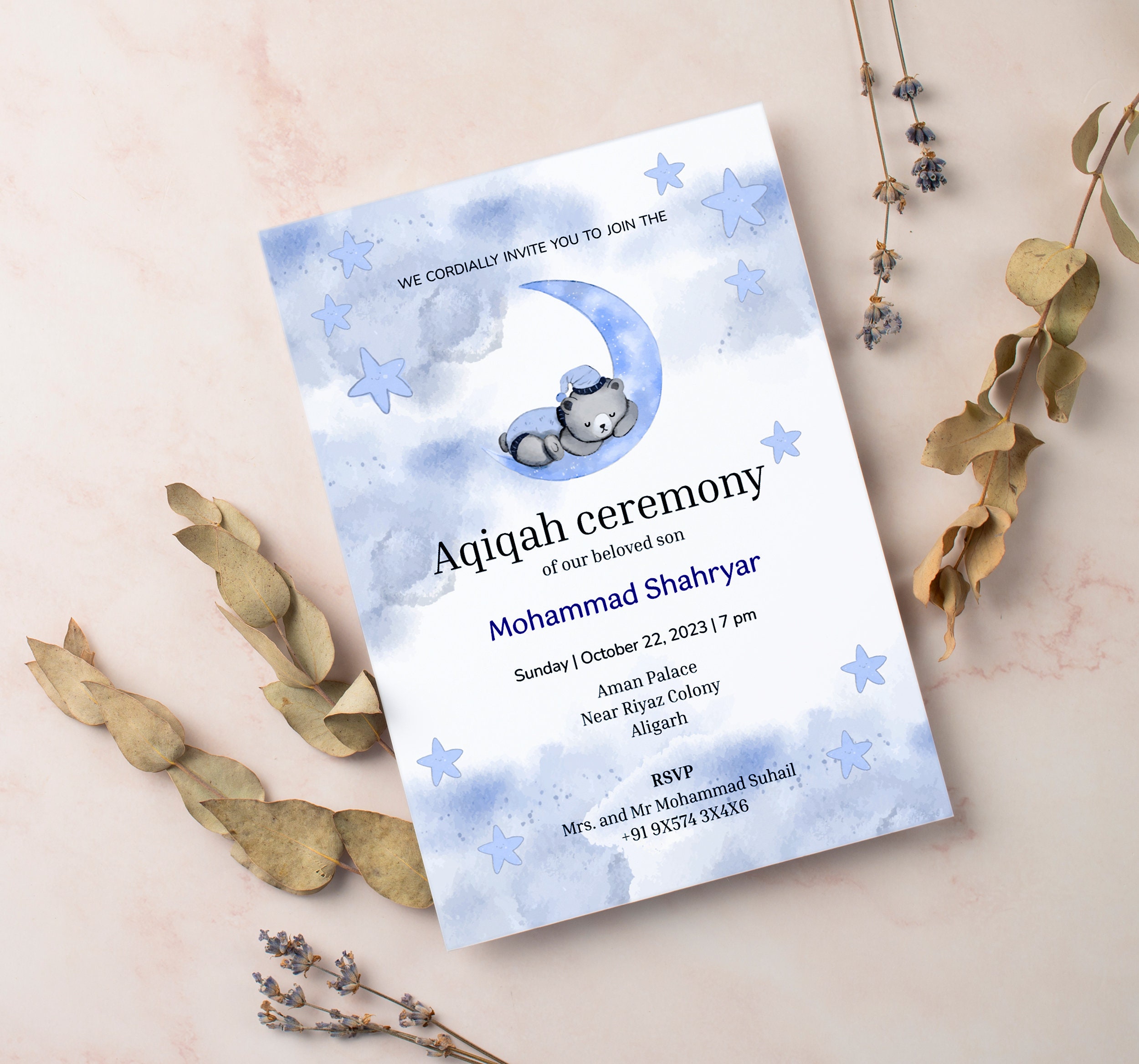 Elegant Aqiqah Invitation, Personalized Aqiqah Invitation, Aqiqah ...