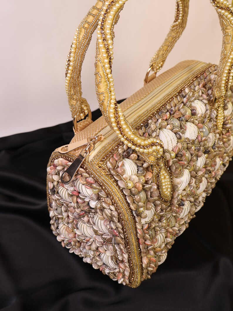 Seashell Embellished Handbag, Golden Bogo Bag With Coral Shells ...