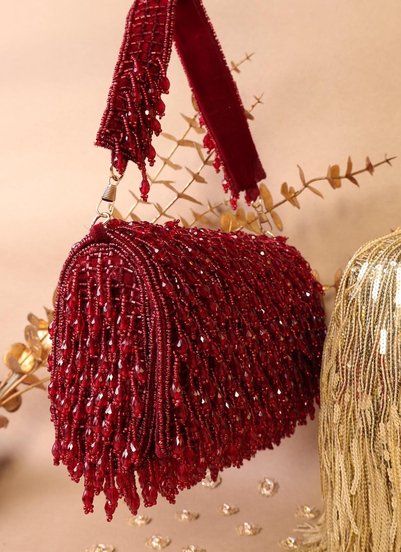 Crystal Beaded Red Clutch Bag | Dark Red Handbag With Suspended ...