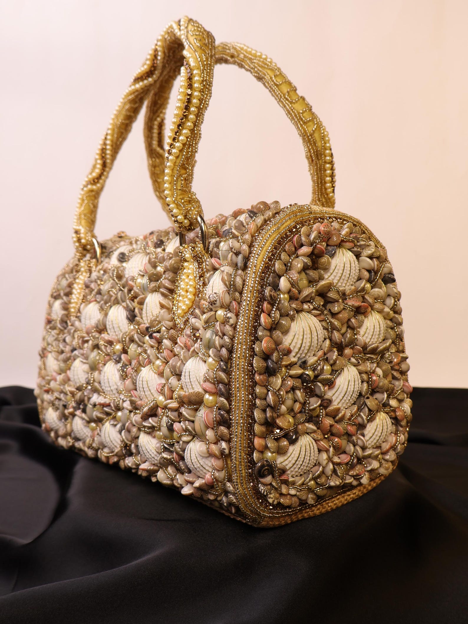 Seashell Embellished Handbag, Golden Bogo Bag With Coral Shells ...
