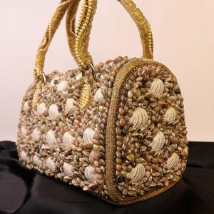 Seashell Embellished Handbag, Golden Bogo Bag With Coral Shells ...