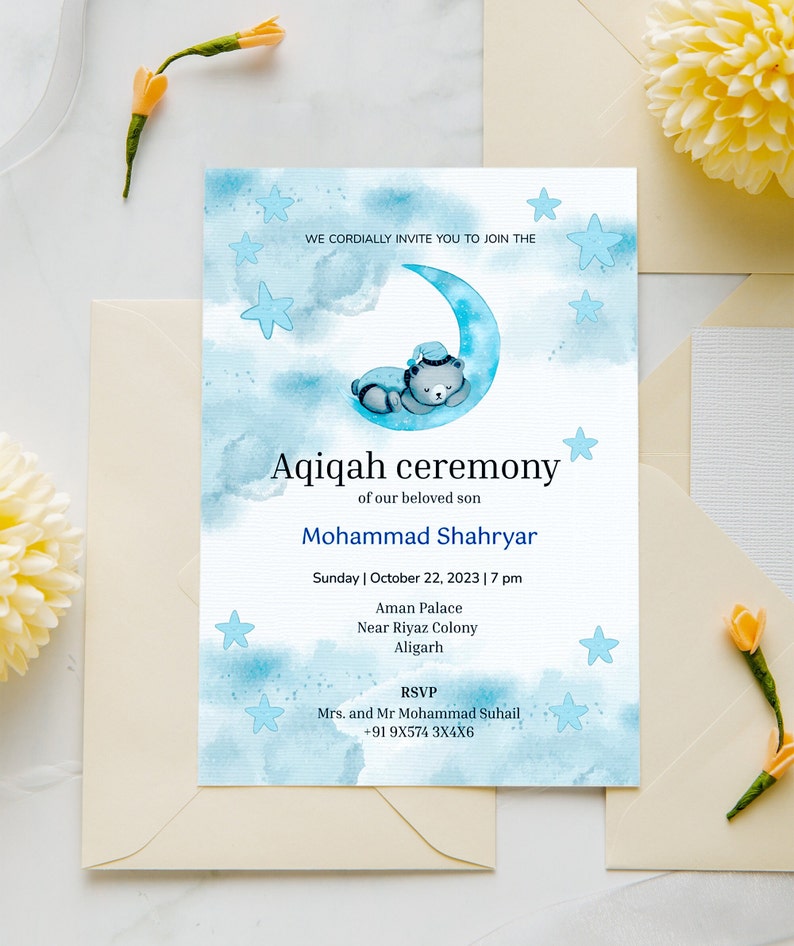 Elegant Aqiqah Invitation, Personalized Aqiqah Invitation, Aqiqah ...
