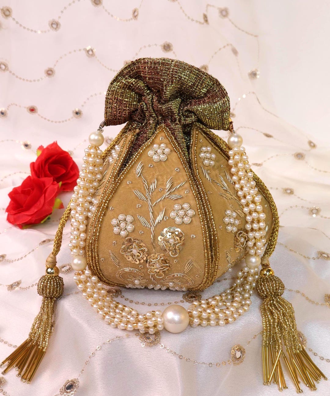 Golden Lotus Potli Bag | Gold Potli Bag | Embroidered Lotus Potli With ...