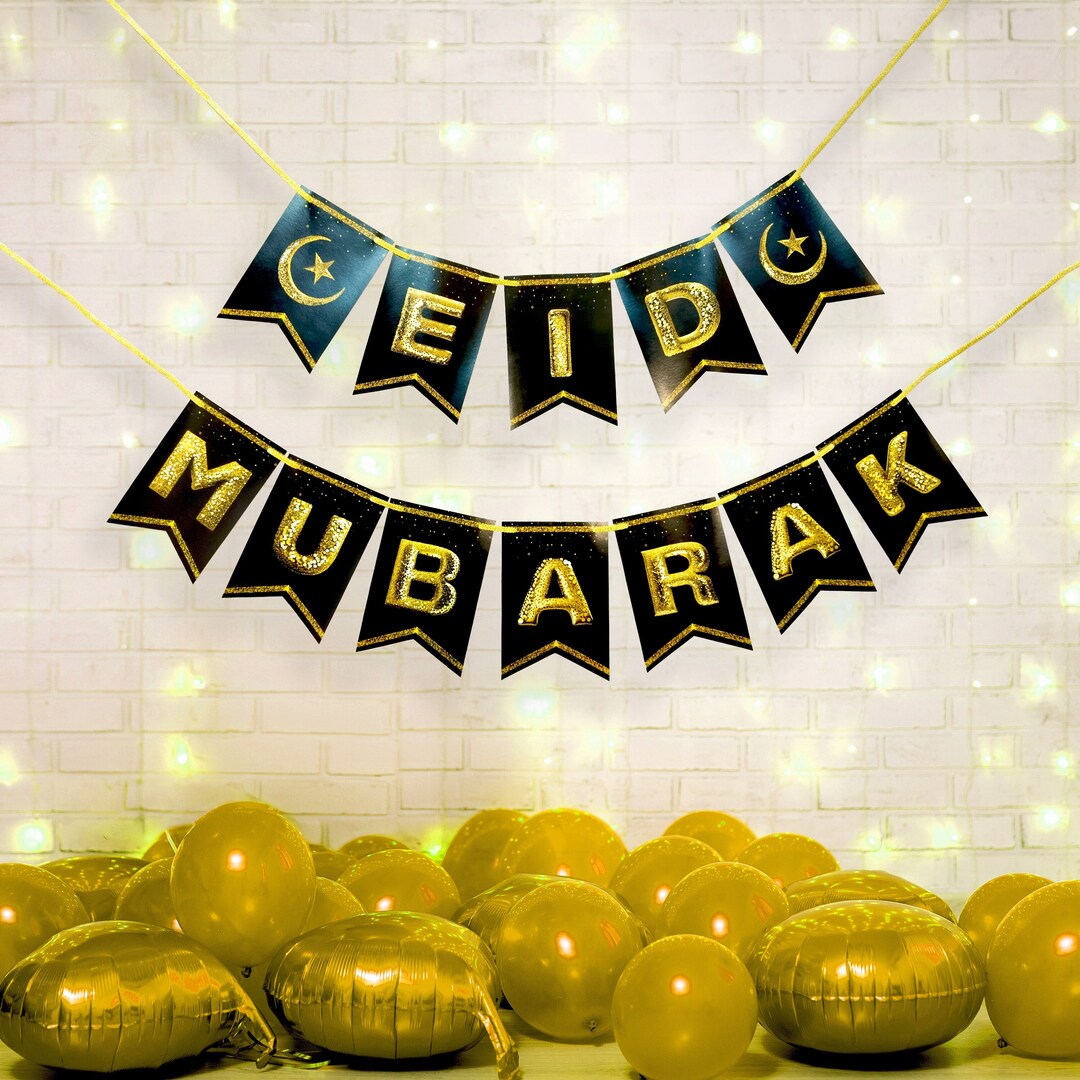 Eid Mubarak Banner, Eid Mubarak Banner Bunting With Gold Letters, Eid ...