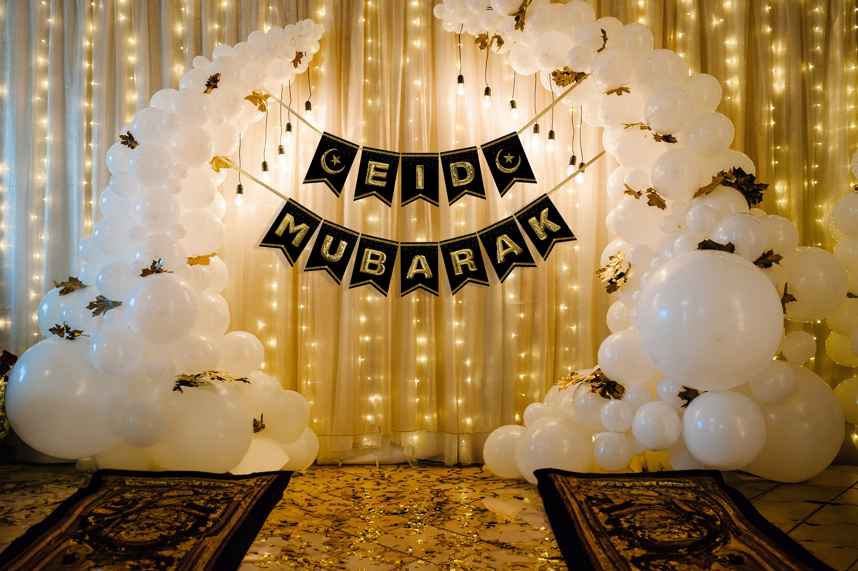 Eid Mubarak Banner, Eid Mubarak Banner Bunting With Gold Letters, Eid Decorations, Eid ...