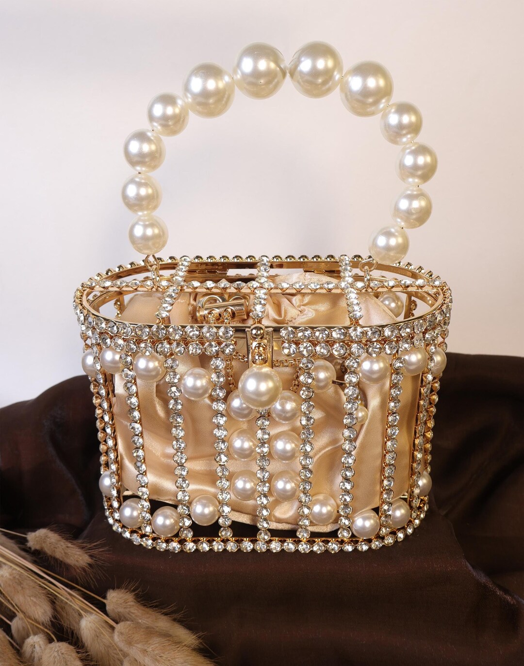 Golden Metallic Pearl Cage Clutch | Pearl Rhinestone Basket Clutch ...
