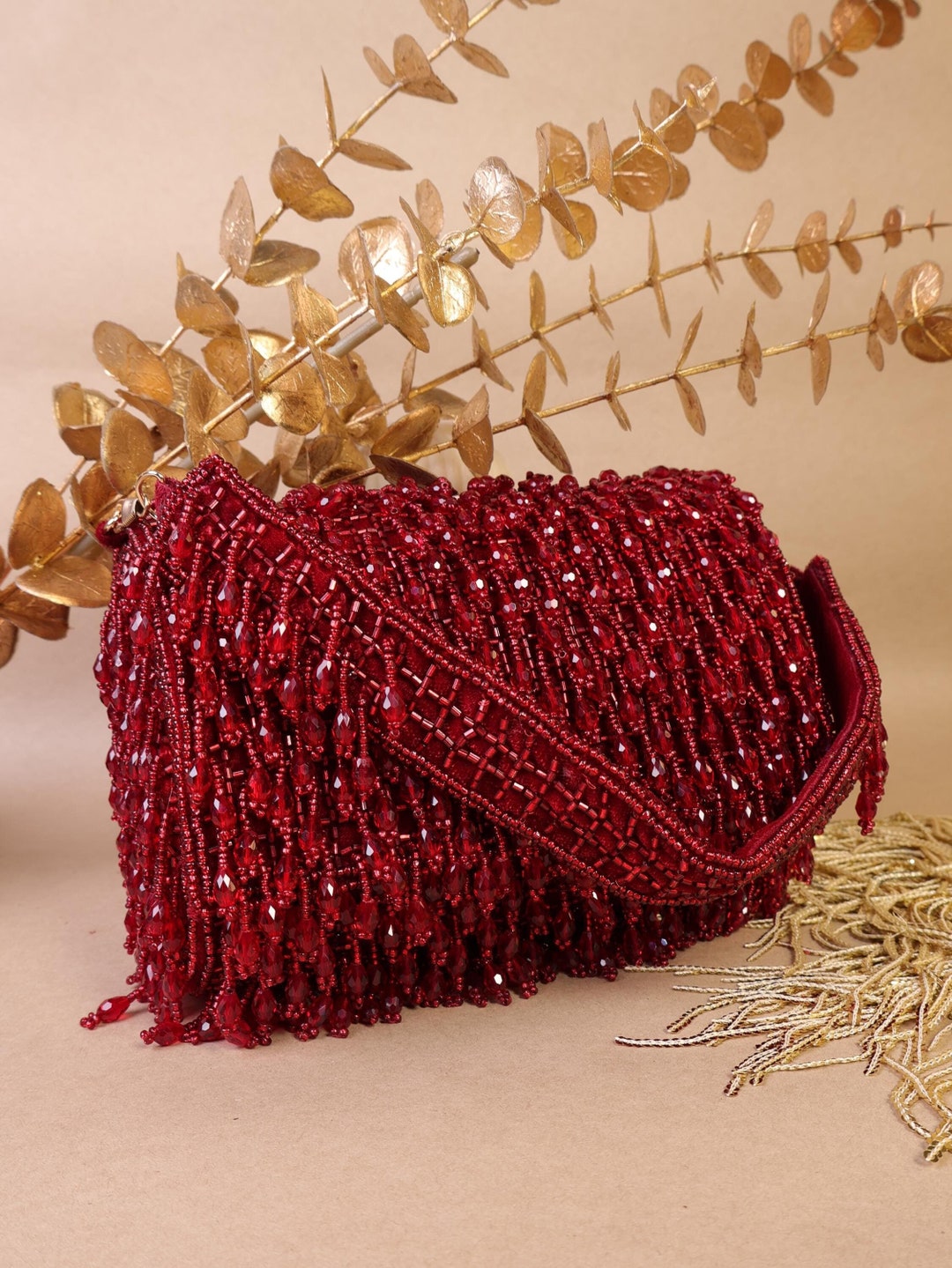 Crystal Beaded Red Clutch Bag | Dark Red Handbag With Suspended ...